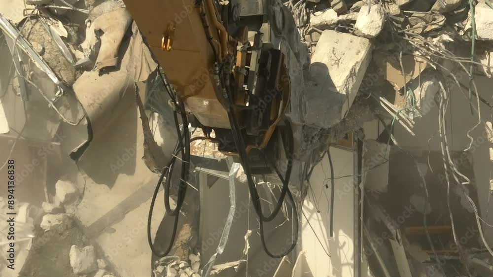 Building demolition excavator using Pulverizer Jaws to demolish a ...