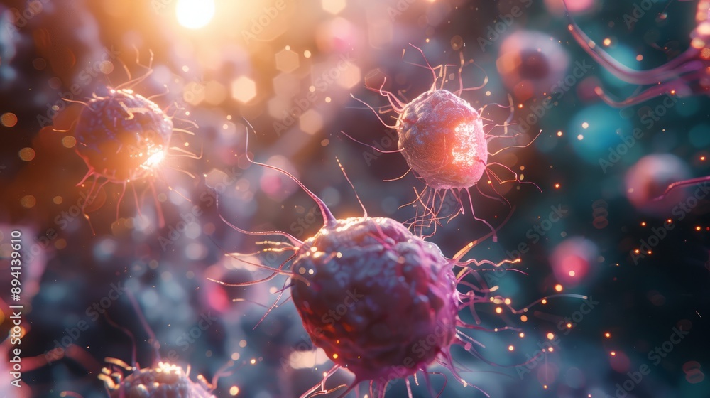 High-resolution 3d cg render of t-cells and cancer cells in a ...