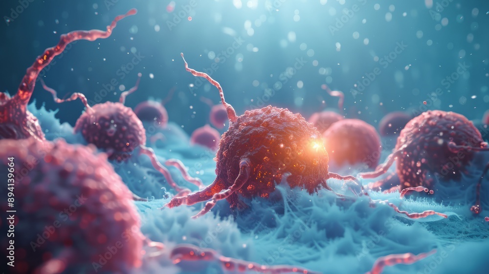 High-resolution 3d cg render of t-cells and cancer cells in a ...