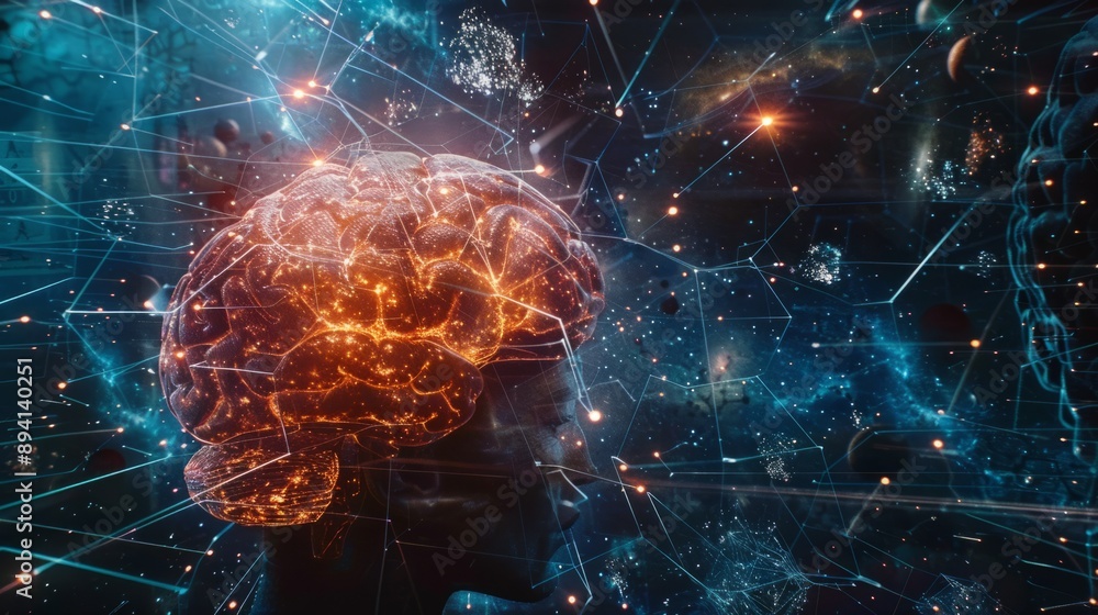 Illustration of a human brain with radiating light and electrical ...