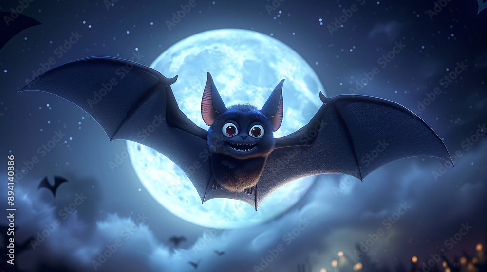A delightful 3D cartoon bat with a happy expression gliding over a ...