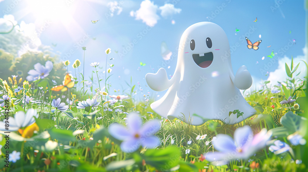 Joyful 3D cartoon ghost with detailed features, surrounded by a bright, sunny meadow with ...