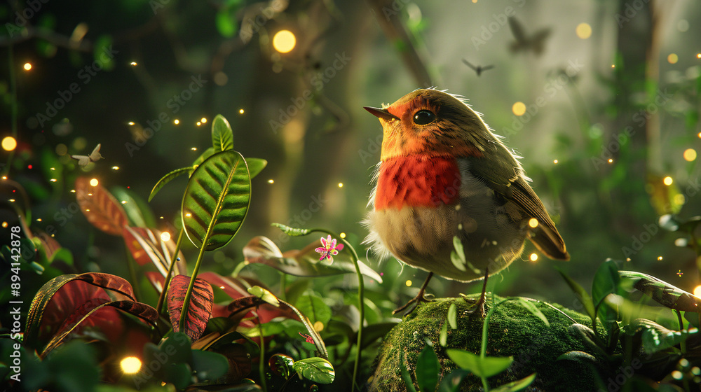 Joyful 3D cartoon bird with a cute face, exploring a magical forest ...