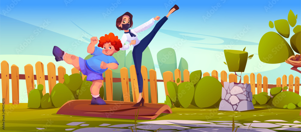 House backyard garden and woman taekwondo cartoon. Boy kid practice ...
