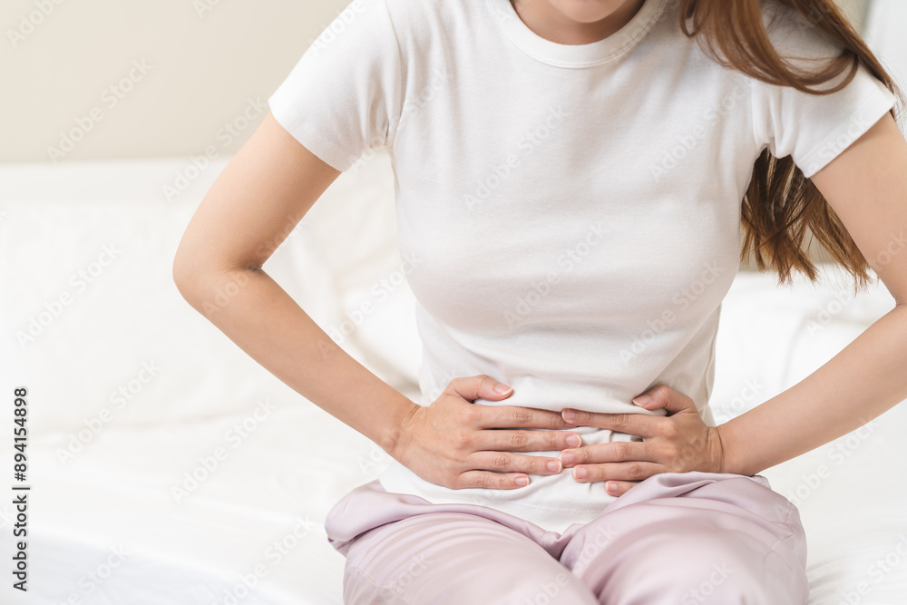 Flatulence ulcer, asian young woman, girl hands in belly, stomach pain ...