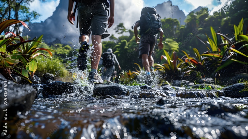 Close-up of hikers crossing a small river on Mount Roraima, water ...