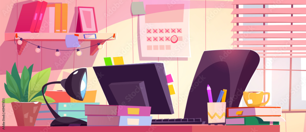 Office workplace with desktop computer. Vector cartoon illustration of ...