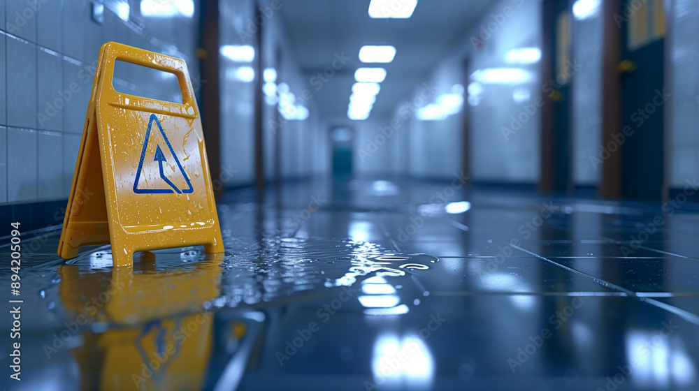 Wet floor sign in a long hallway with reflective tiles. The yellow ...