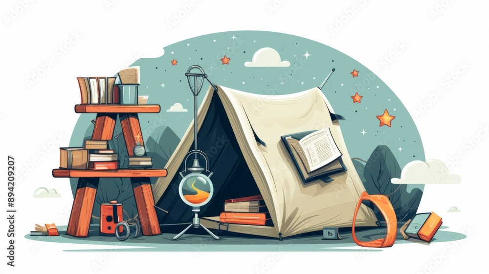 Cool flat design graphic element for science camp with telescope ...