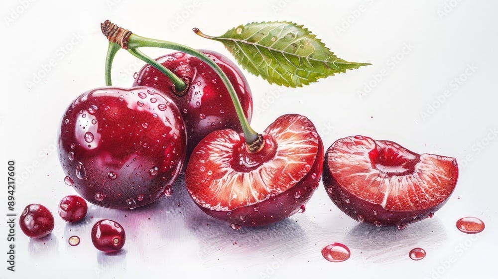 Clear and vibrant hand-drawn color pencil sketch of a fresh cherry and ...