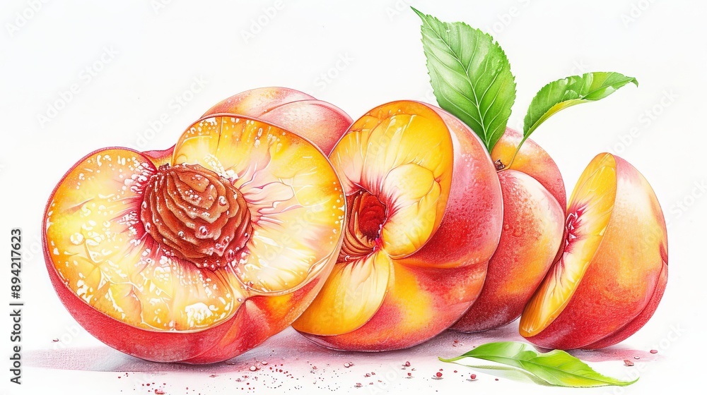 Clear and vibrant hand-drawn color pencil sketch of a fresh peach and ...