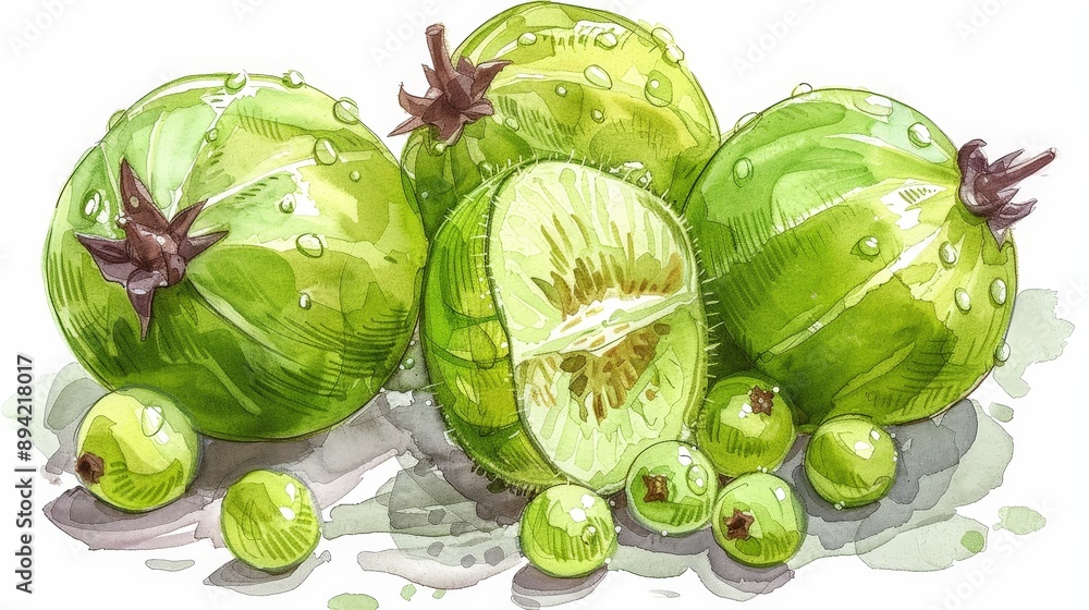 Clear and vibrant hand-drawn color pencil sketch of a fresh gooseberry ...