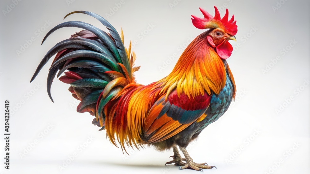 Vibrant rooster with bright red comb and shiny feathers proudly stands ...