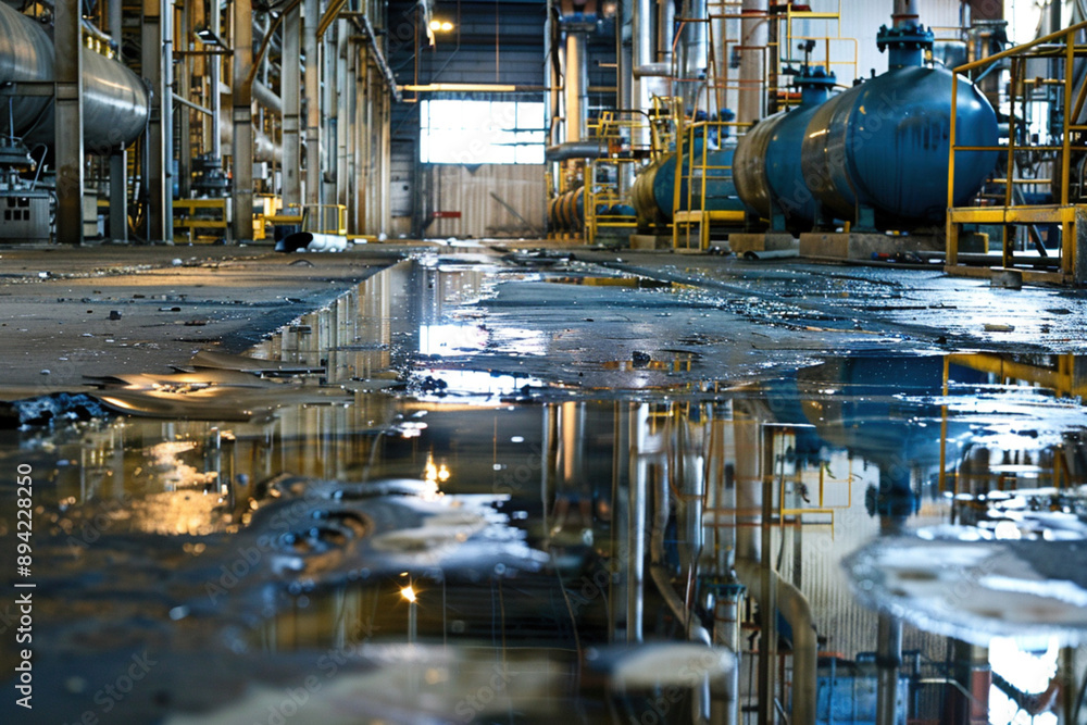 Toxic chemical spill in a factory, with hazardous materials spilling ...