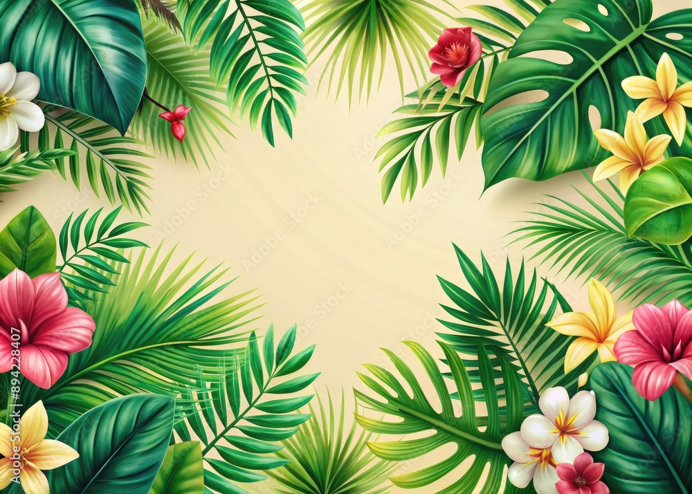 Vibrant tropical leaves texture and delicate floral blooms set against ...