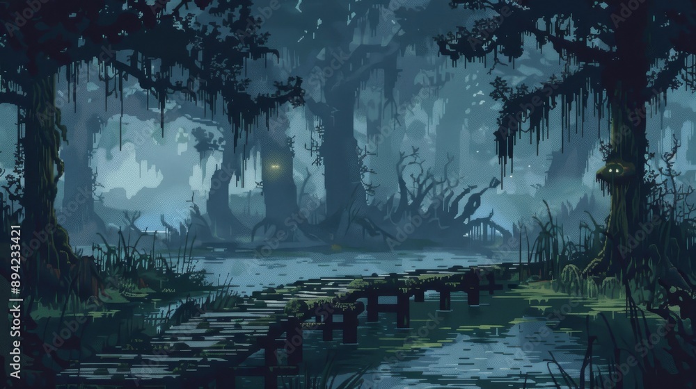 Pixel Art Eerie Swamp Game Background, Dark and Mystical Forest Scene ...