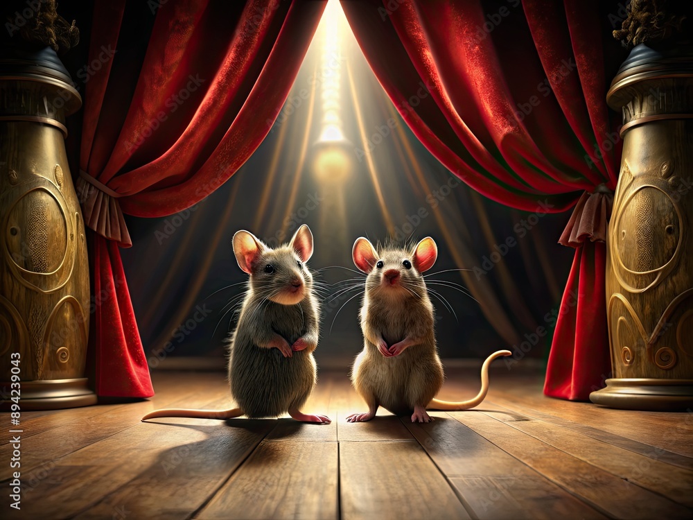 Dramatic spotlight illuminates two curious mice standing on a polished ...