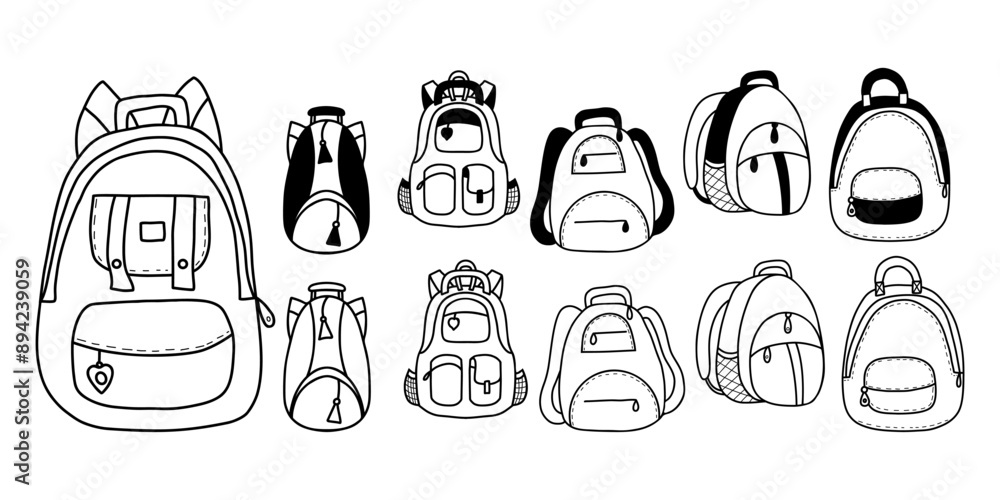 School backpacks and satchels doodle collection. Vector illustration ...