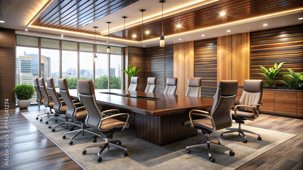 A modern, sleek conference room backdrop sets the tone for a ...