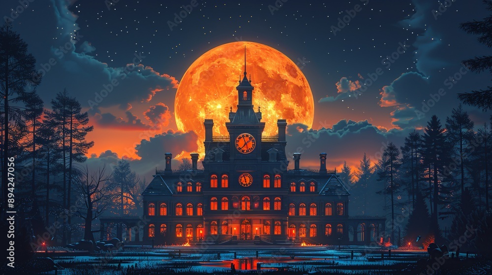 Spooky old grandfather clock striking midnight in a haunted mansion ...
