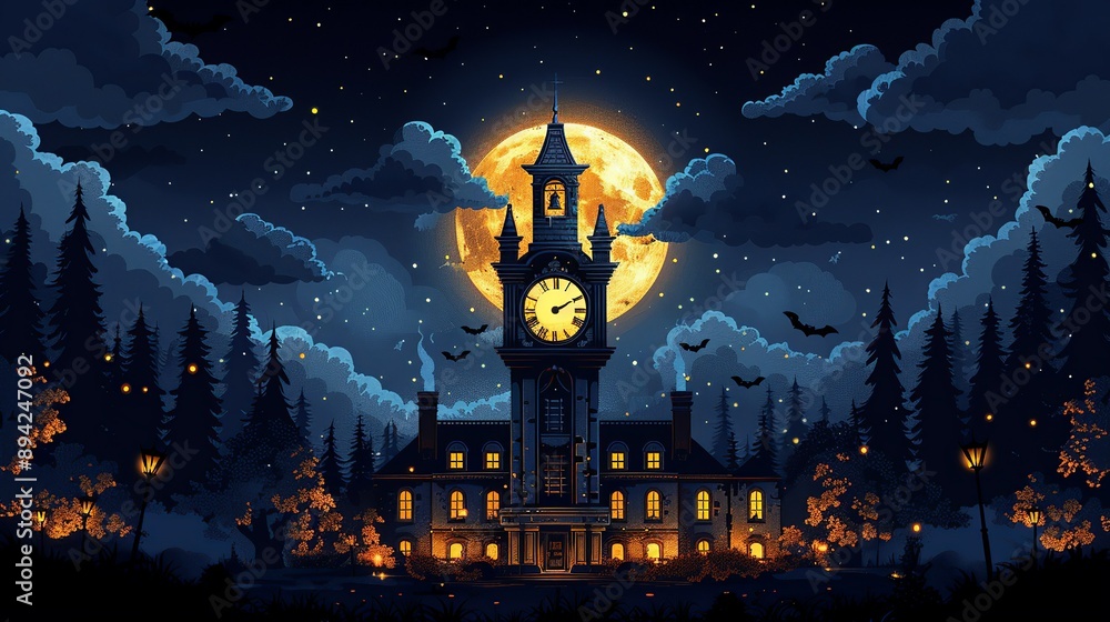 Spooky old grandfather clock striking midnight in a haunted mansion ...