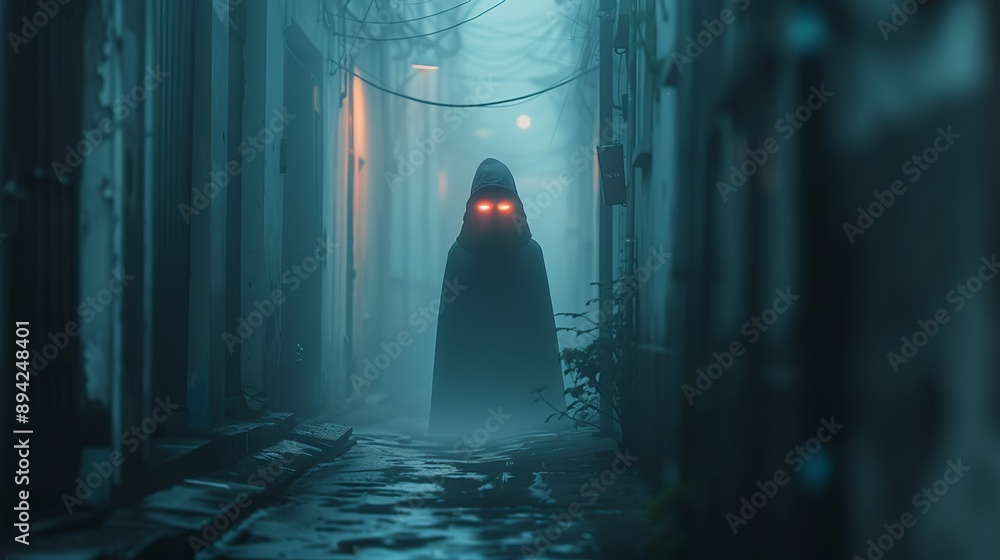 Sinister shadowy figure lurking in a mist-covered alleyway. Minimalist ...