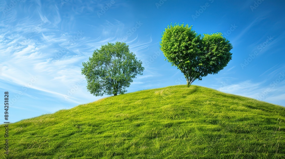 Green grass on slope with heart shape green tree under blue sky. Beauty ...