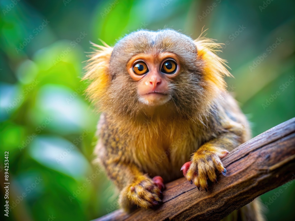 Adorable pygmy marmoset with large curious eyes and fluffy golden mane ...