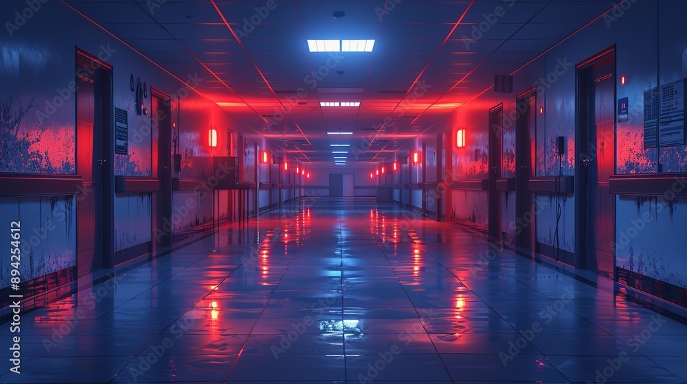Creepy abandoned hospital with flickering lights and echoing halls ...