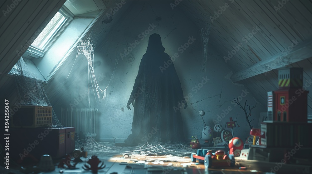 Sinister shadow of a figure in an attic with cobwebs and broken toys ...