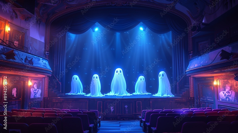 Haunted theater stage with ghostly actors performing under dim lights ...