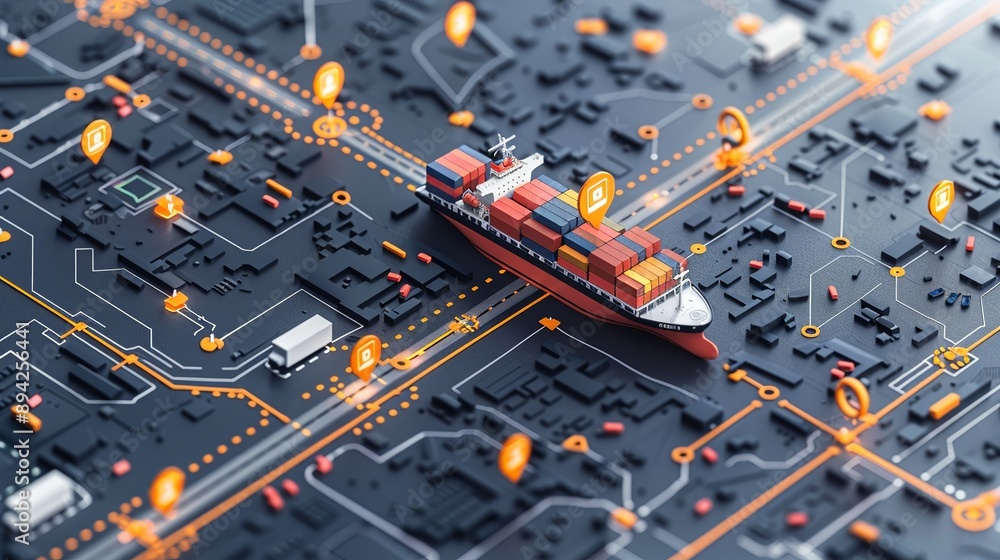 Transportation logistics with abstract cargo ships and delivery routes ...
