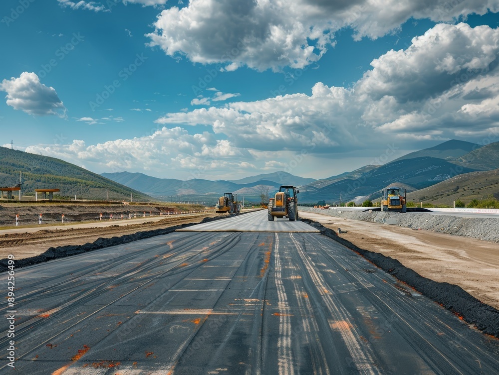Photography shot, Construction site is laying new asphalt road pavement ...