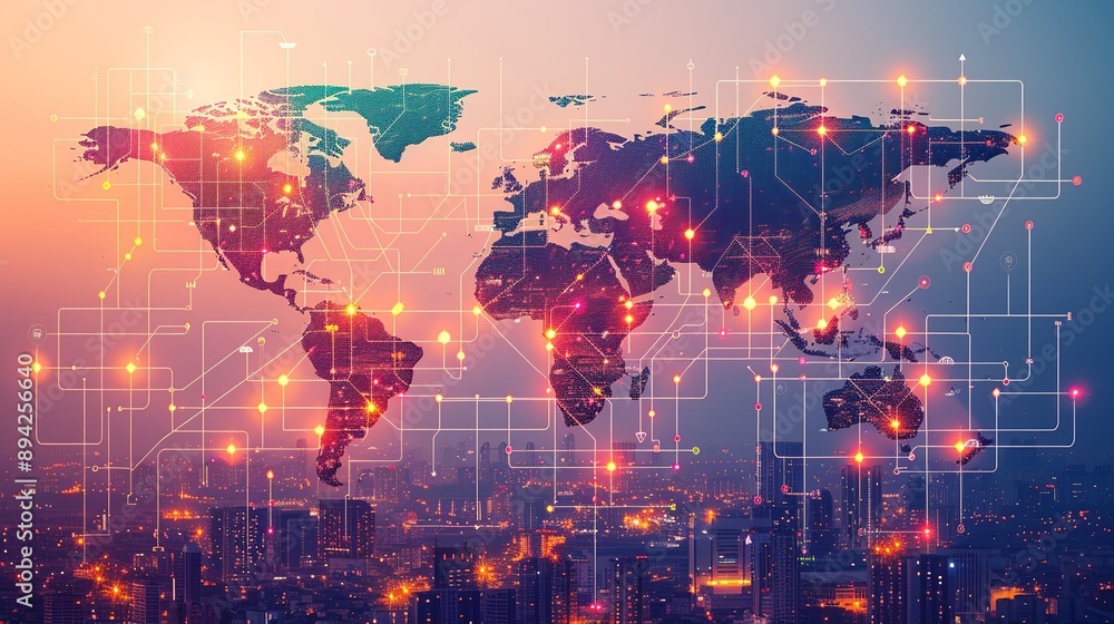 Global trade and commerce with abstract world map and shipping routes ...