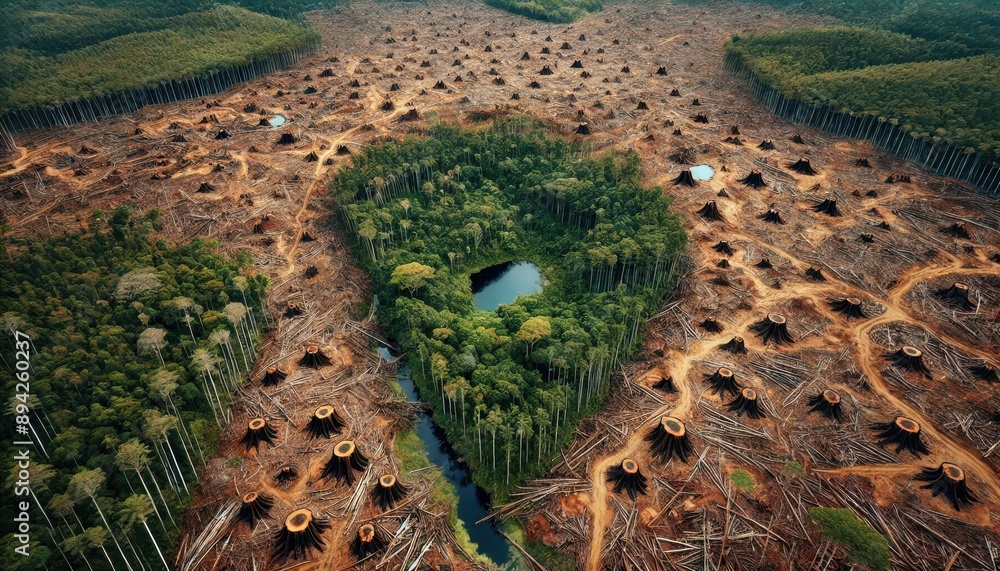 An aerial view of deforestation in a tropical rainforest, illustrating severe habitat loss. The ...