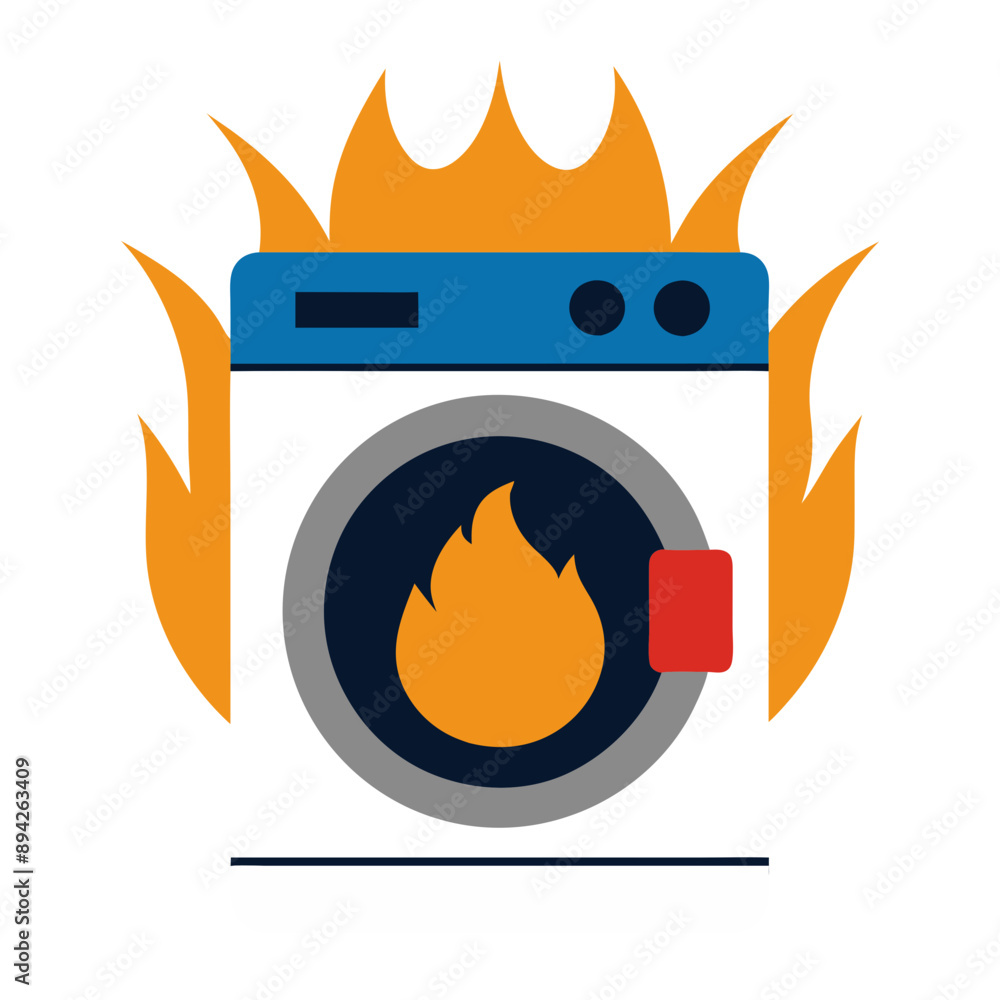 cartoon illustration of washing machine on fire, yellow flames inside ...