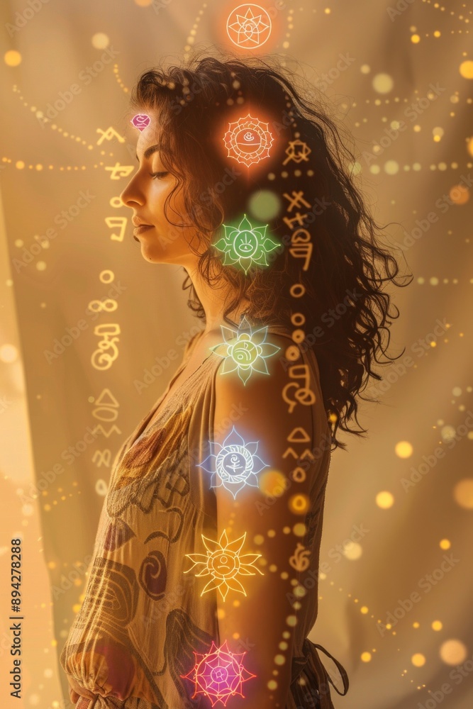 Spiritual meditation and chakra alignment, one young woman with ...
