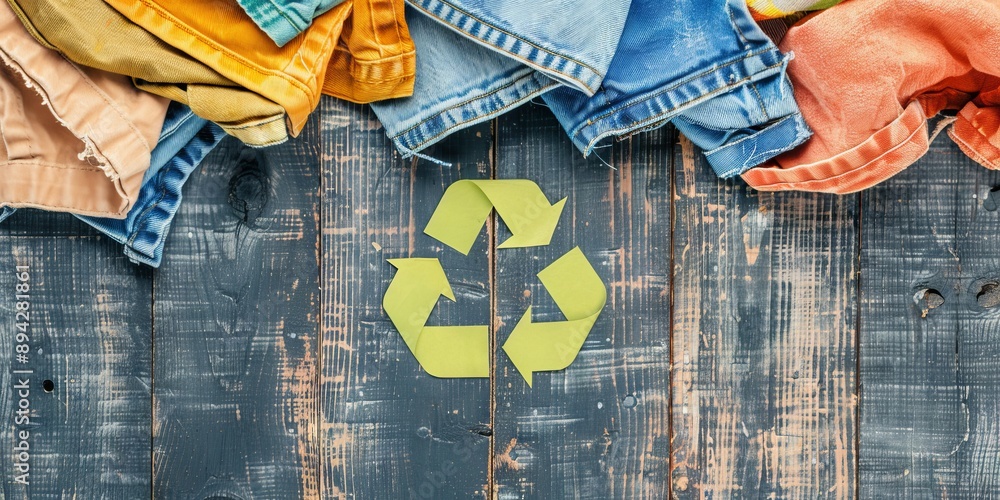 Colorful used clothing items arranged on a rustic wood surface, with a ...