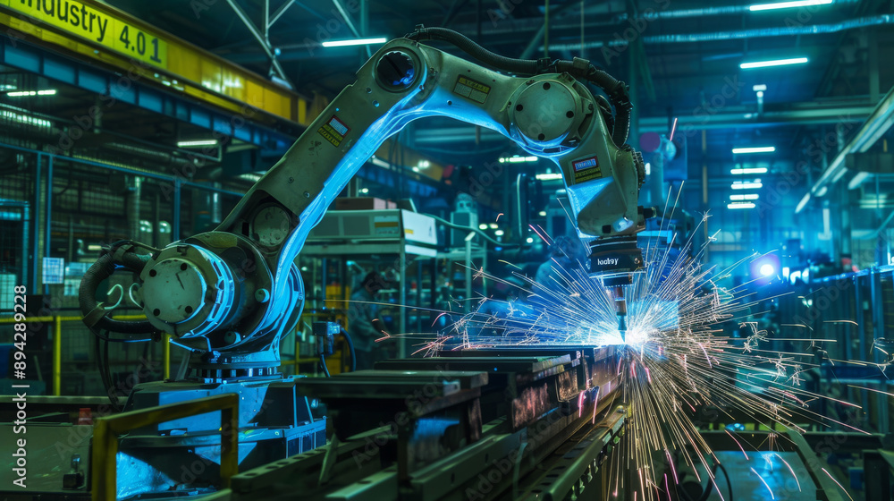 Engineers oversee and operate advanced welding robots in a factory ...