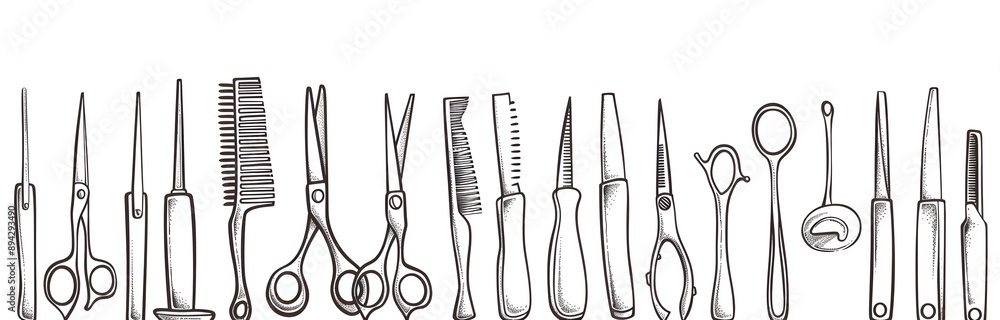 A simple line drawing of hairdresser tools, scissors and hair dryer on ...