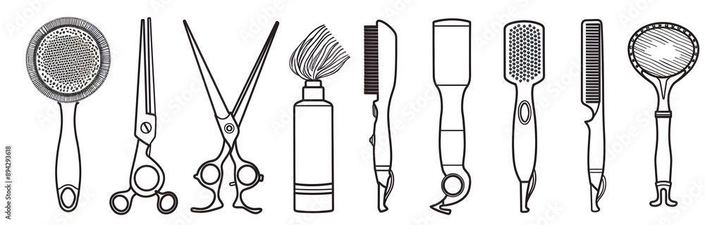 A simple line drawing of hairdresser tools, scissors and hair dryer on ...