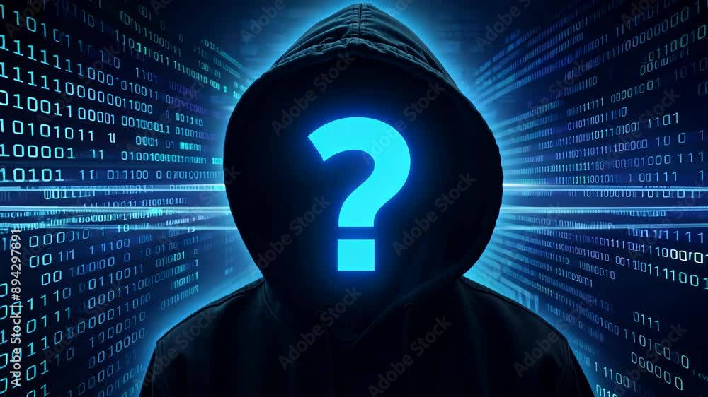 Anonymous hacker with question mark symbol in a digital environment ...