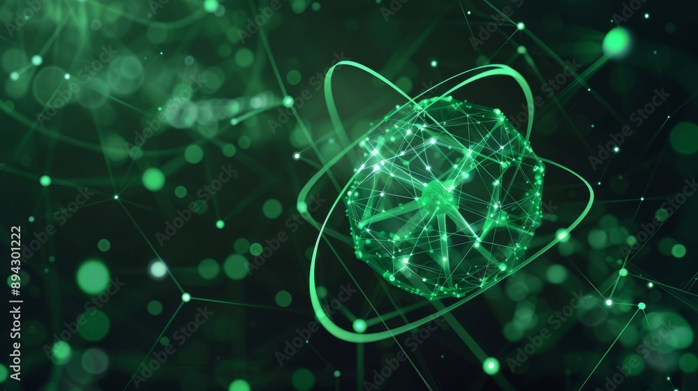 Glowing green atomic molecules surrounded by meshes on dark background ...