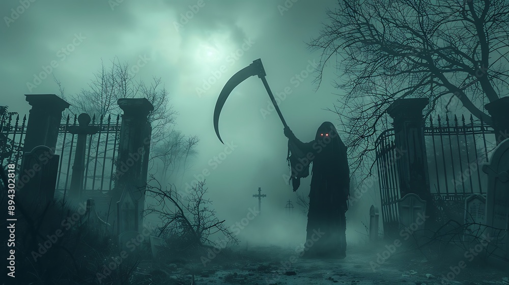 Terrifying image of a woman in a grim reaper costume standing at a ...