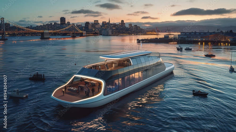 Highlight a futuristic ferry with zero-emission hydrogen fuel cells ...