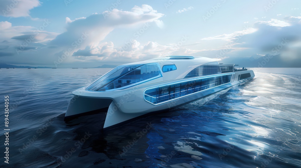 Highlight a futuristic ferry with zero-emission hydrogen fuel cells ...