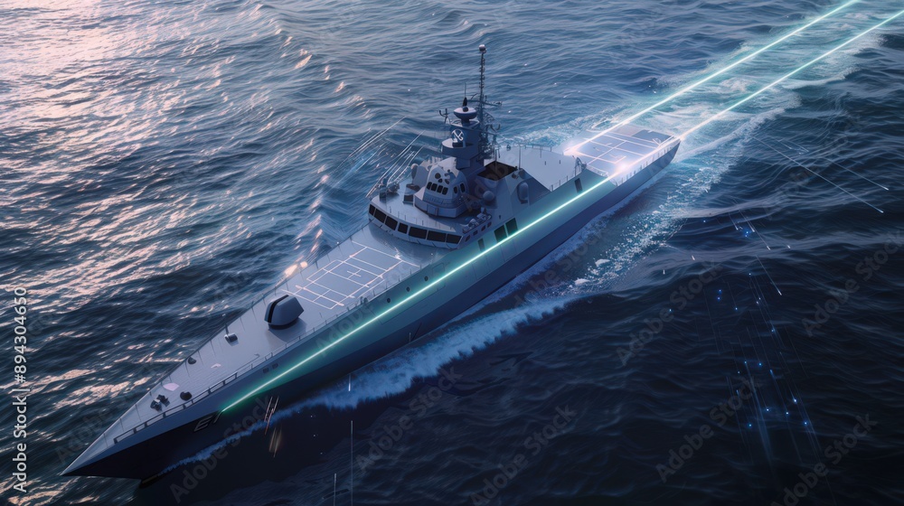 Highlight a futuristic naval destroyer with laser defense systems and ...