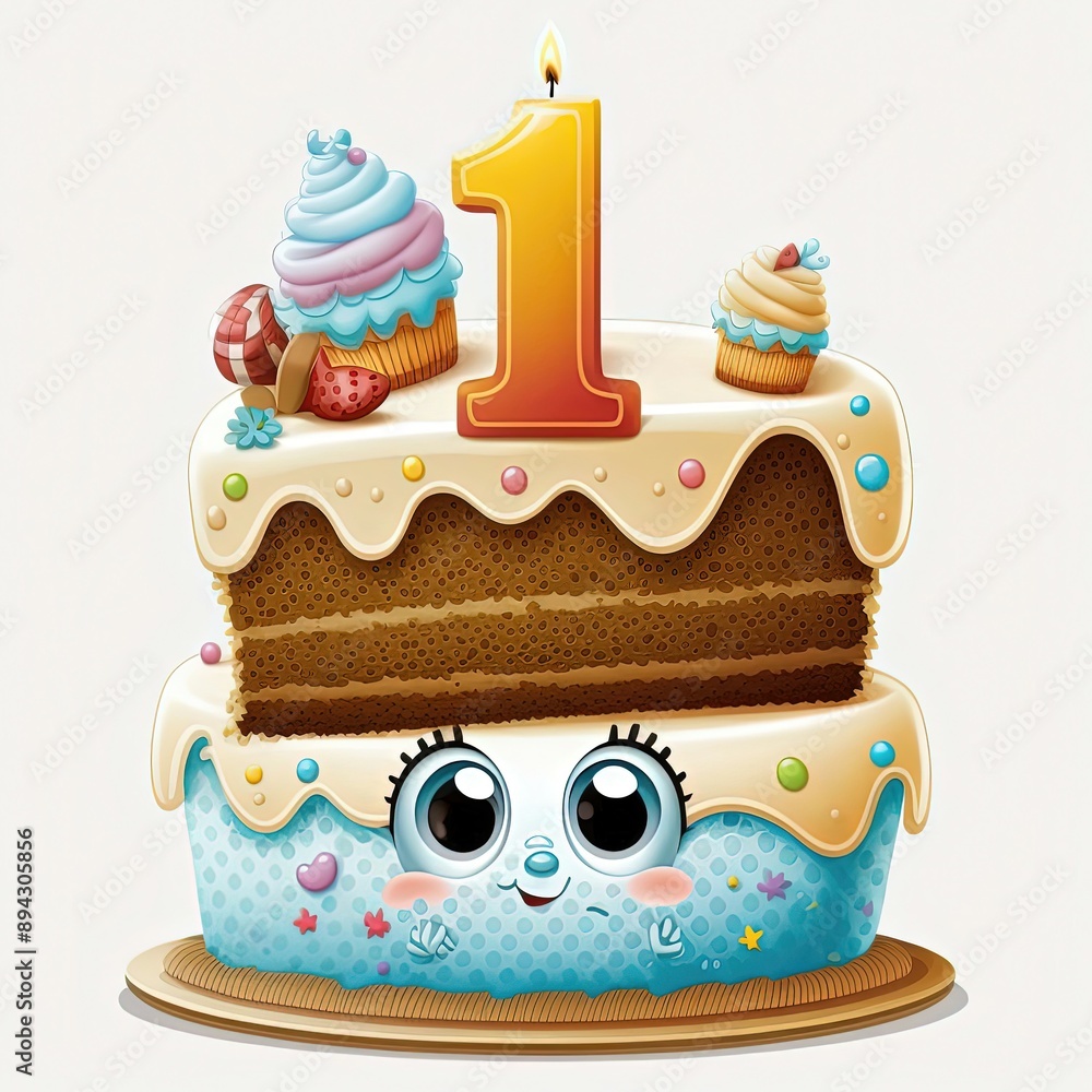 happy cartoon birthday cake for 1st year celebration using generative ...