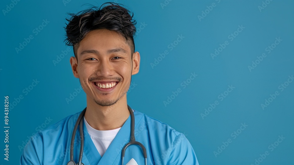 Realistic hyper-detailed portrait of a cheerful young Asian man nurse ...