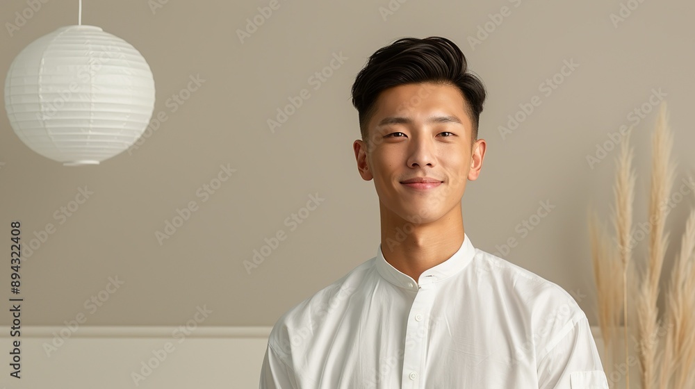 Realistic hyper-detailed portrait of a cheerful young Asian man hotel ...